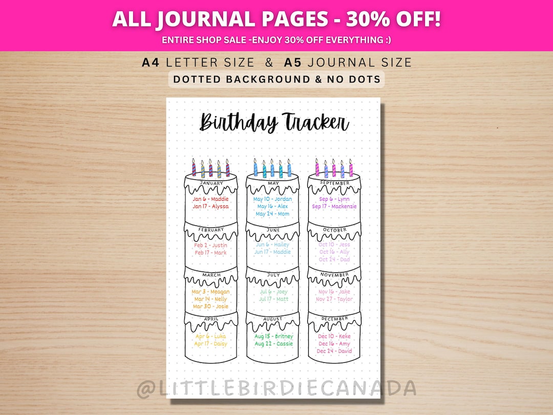 Birthday Tracker - PRINTABLE Journal Page - Birthday Calendar ...