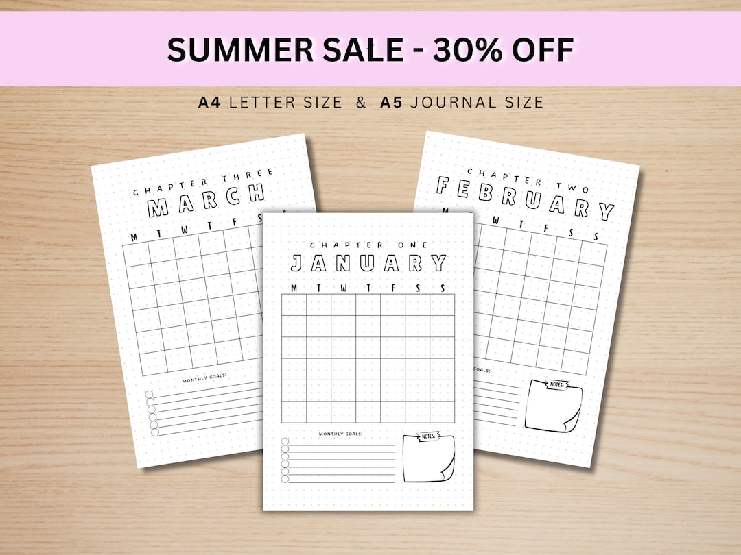 Book Themed Calendar 12 Month Calendar Pages Journal Calendar Template ...