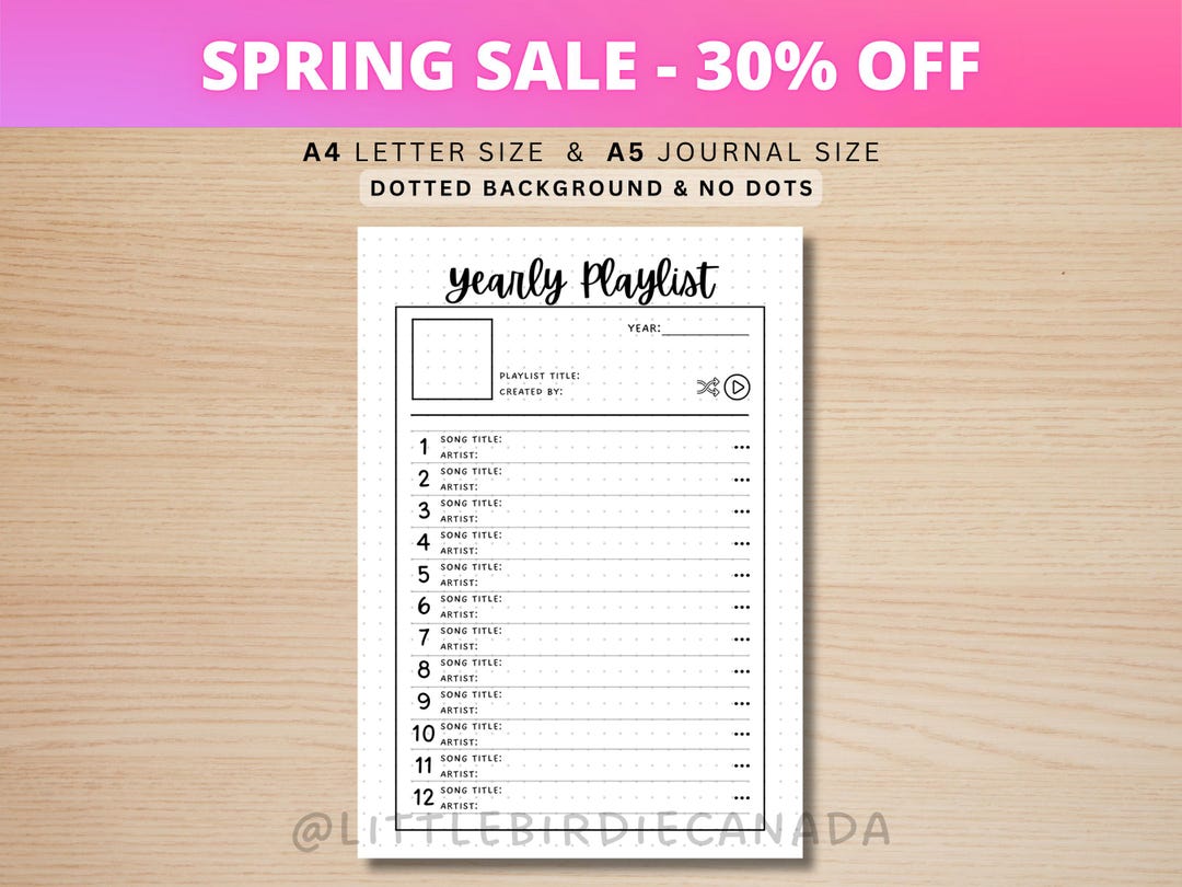 Yearly Playlist - PRINTABLE Journal Page - Song Tracker - Playlist ...