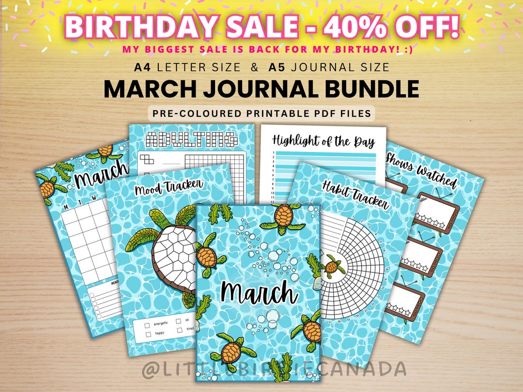 March Journal Bundle - Turtles - PRINTABLE Journal Pages - PRE-COLOURED ...