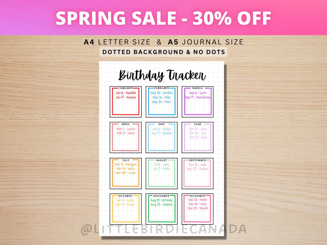 Birthday Tracker - PRINTABLE Journal Page - Birthday Calendar ...