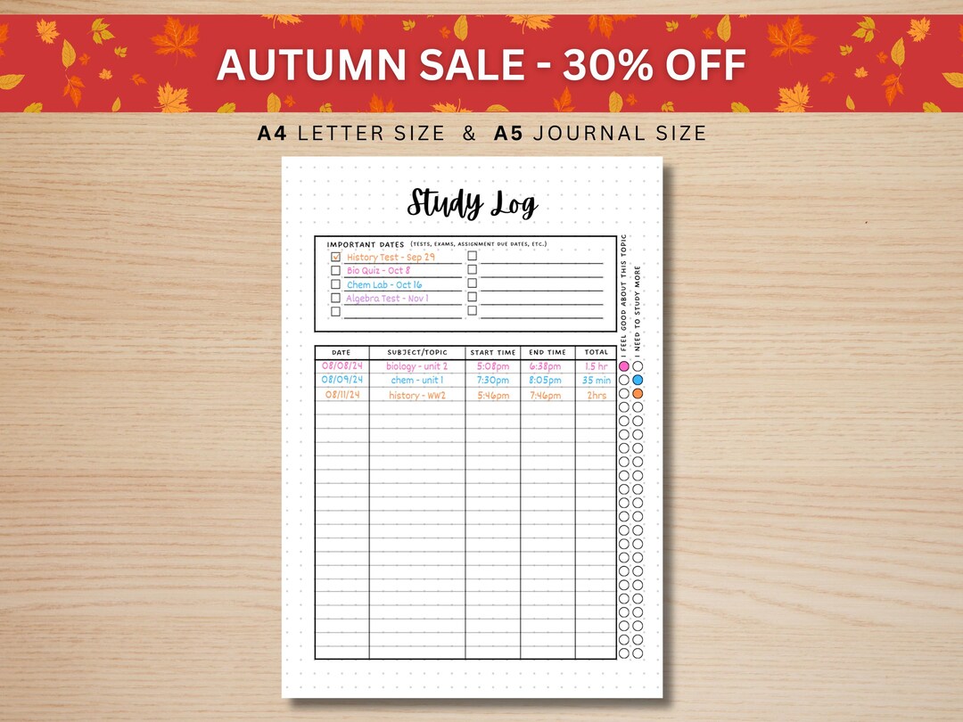 Study Log PRINTABLE Journal Page Student Journal Student Planner Page ...