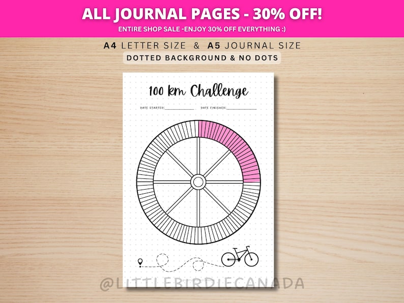 100 KM Biking Challenge - PRINTABLE Journal Page - Printable Cycling ...