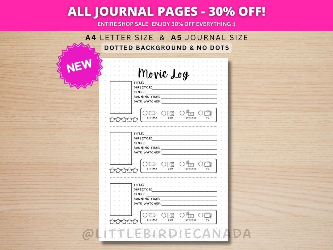 Movie Log - PRINTABLE Journal Page - Printable Planner Page - Track ...