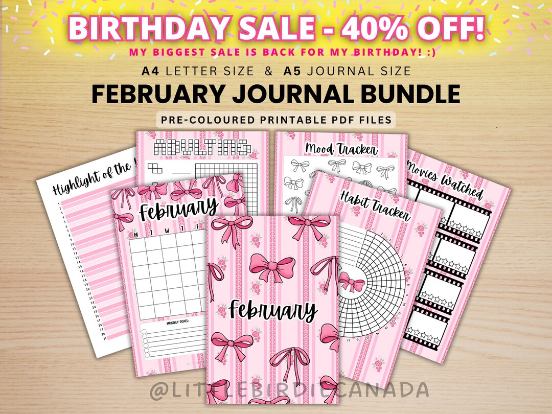 February Journal Bundle - Bows - PRINTABLE Journal Pages - PRE-COLOURED ...