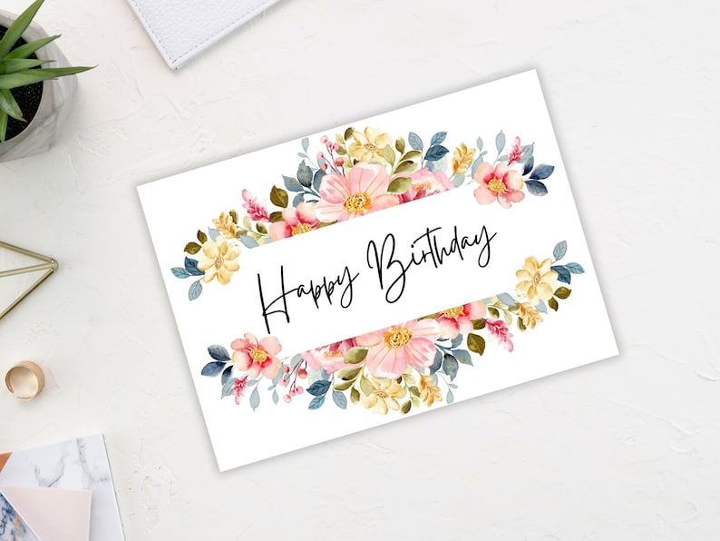 Printable Birthday Card Floral Birthday Card Flower Birthday - Etsy