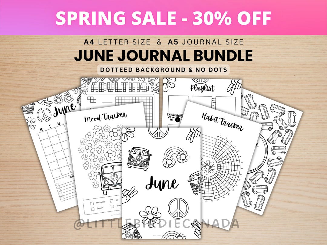 June Journal Bundle - Hippie - PRINTABLE Journal Pages - BLACK & WHITE ...