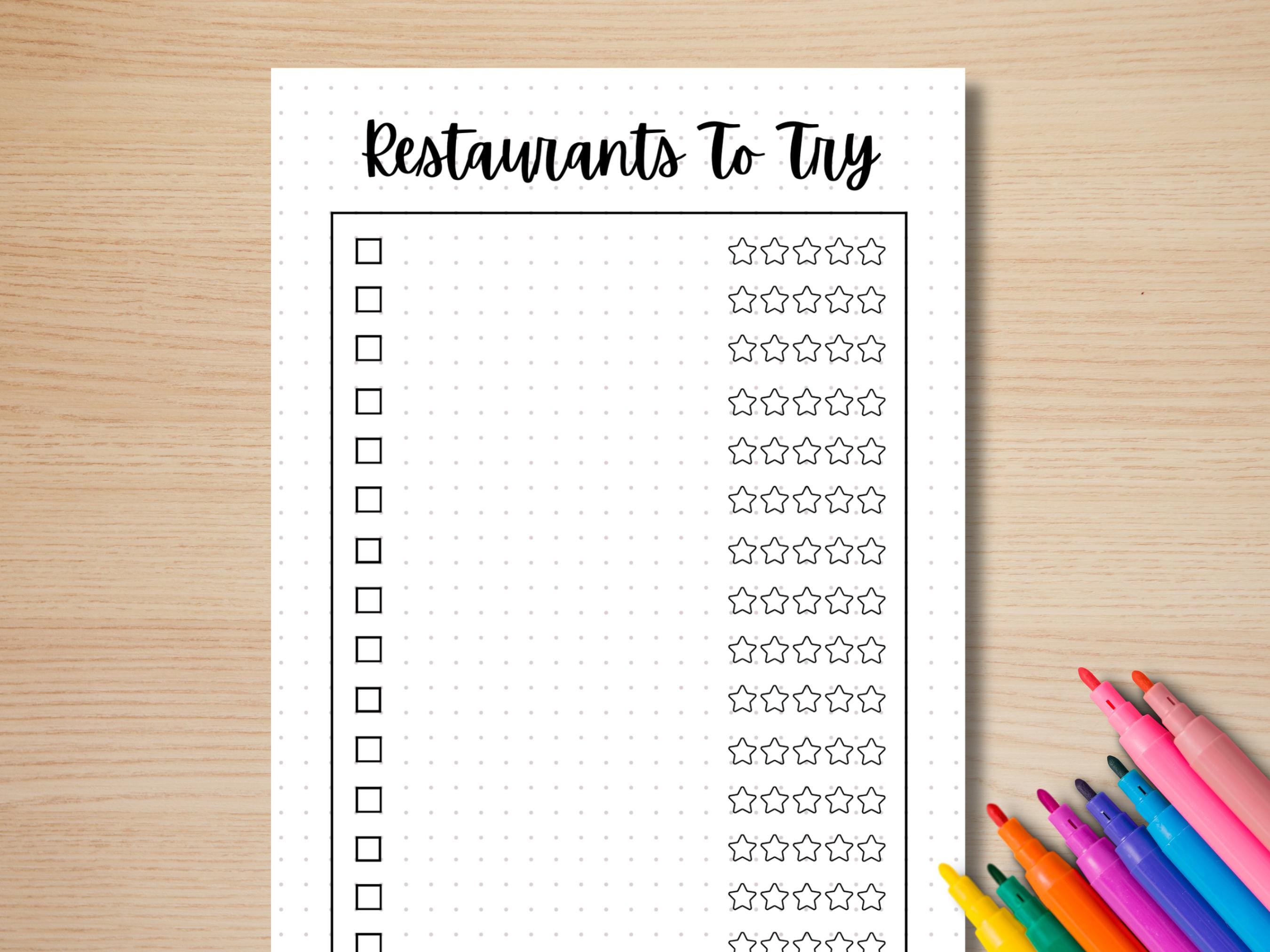 Restaurants to Try List - PRINTABLE Journal Page - Planner Page - List ...