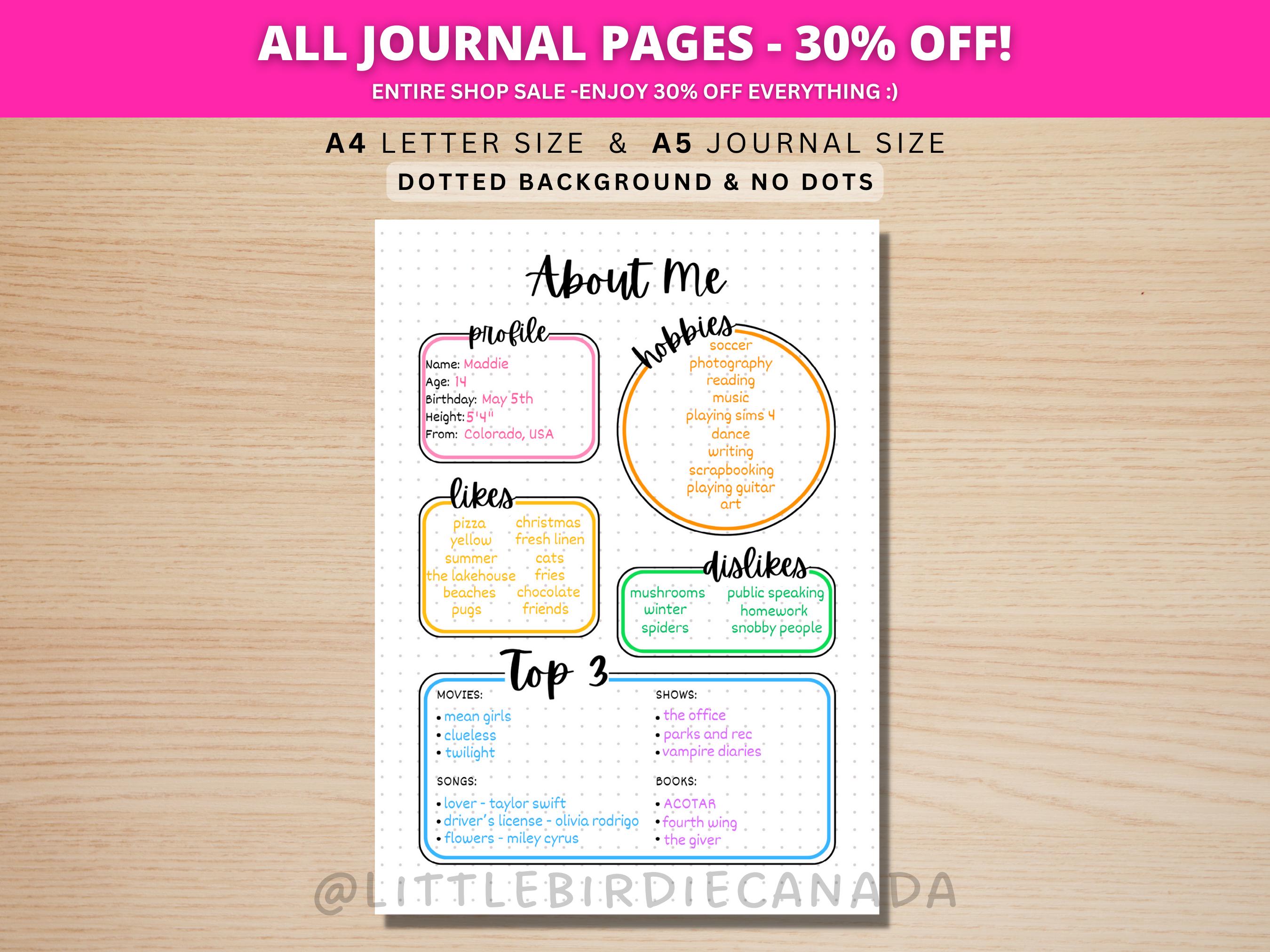 About Me Journal Page - PRINTABLE Journal Page - Info Page - Profile ...