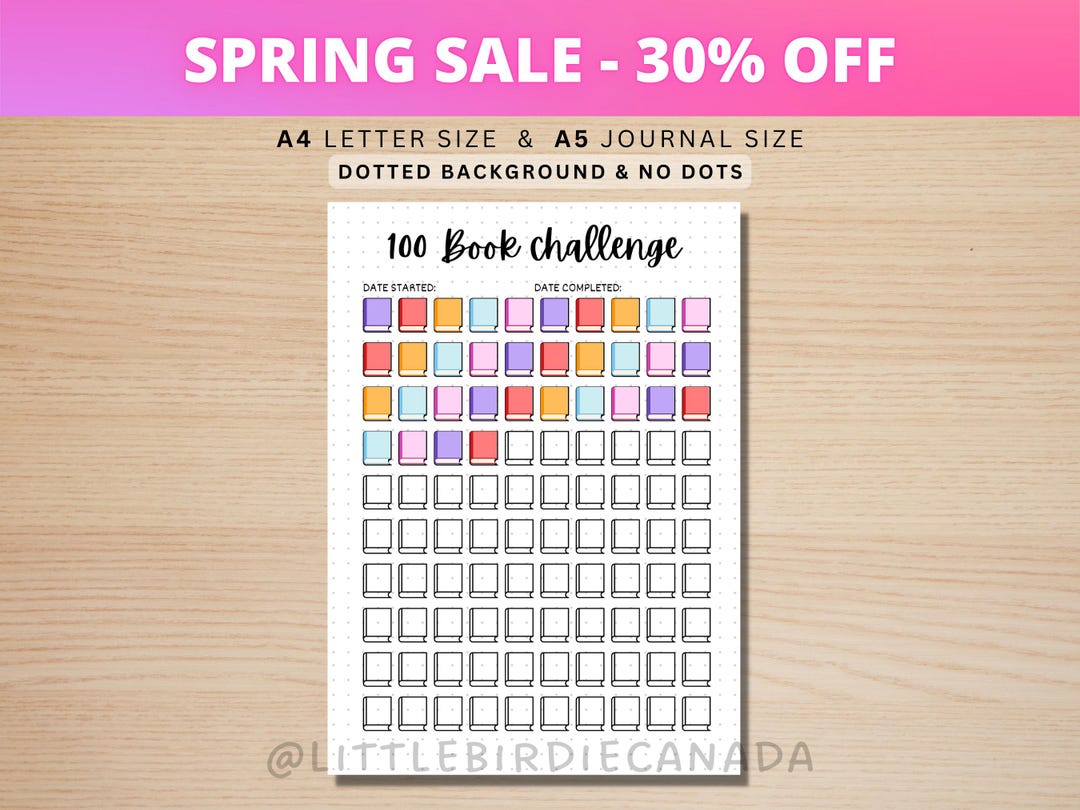 100 Book Reading Challenge - A5 Journal Page - Reading Tracker - Reading Log - PRINTABLE Planner ...