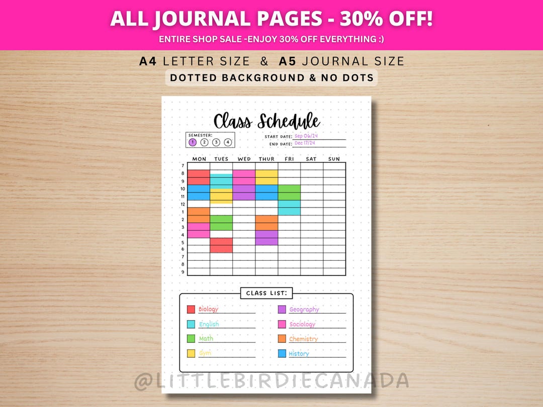 Class Schedule - PRINTABLE Journal Page - Student Journal - Student ...