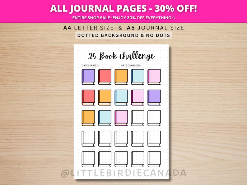 25 Book Reading Challenge - PRINTABLE Journal Page - Reading Tracker ...