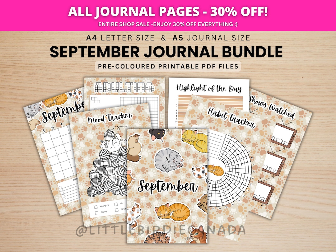 September Journal Bundle - Cat - PRINTABLE Journal Pages - PRE-COLOURED ...