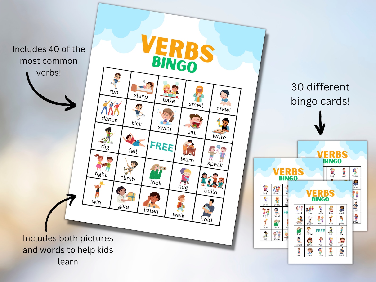 Verbs Bingo Game for Kids Action Verbs Educational Printable Game ...