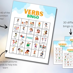Verbs Bingo Game for Kids Action Verbs Educational Printable Game ...