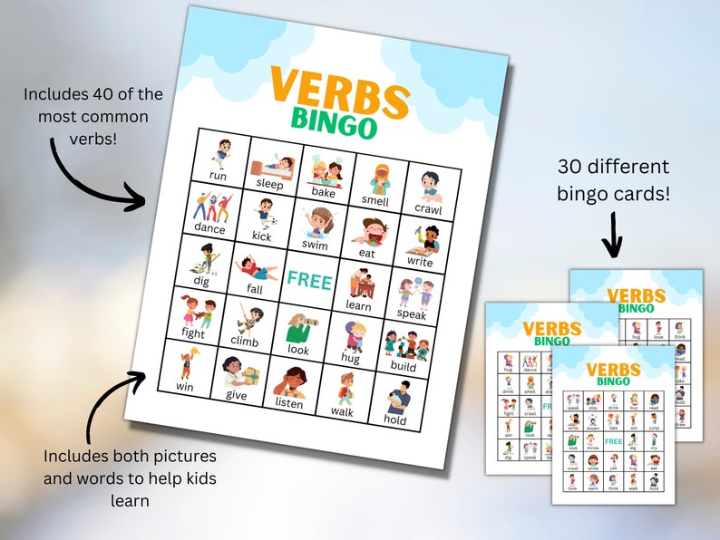 Verbs Bingo Game for Kids Action Verbs Educational Printable - Etsy