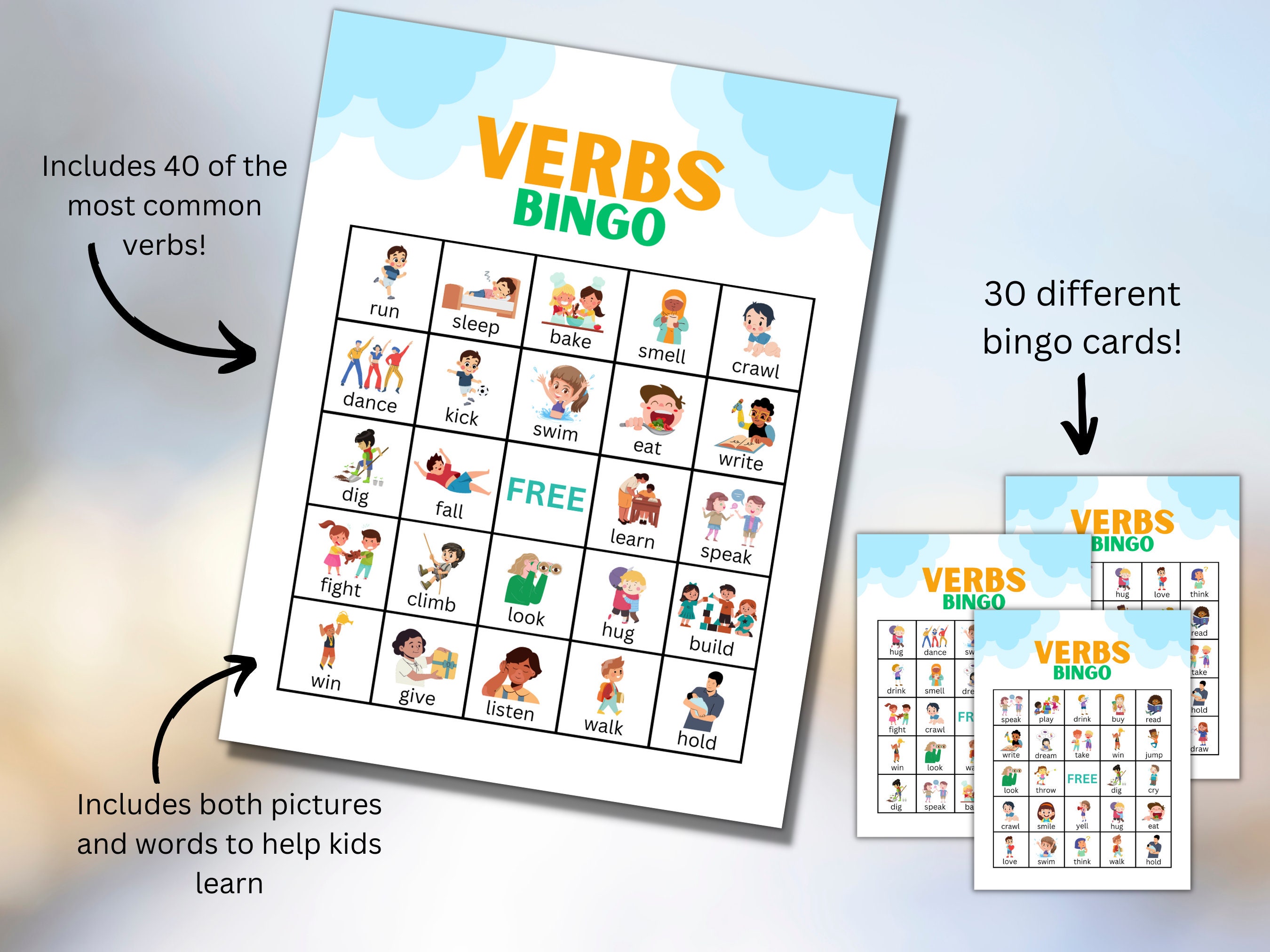 Verbs Bingo Game for Kids Action Verbs Educational Printable - Etsy ...