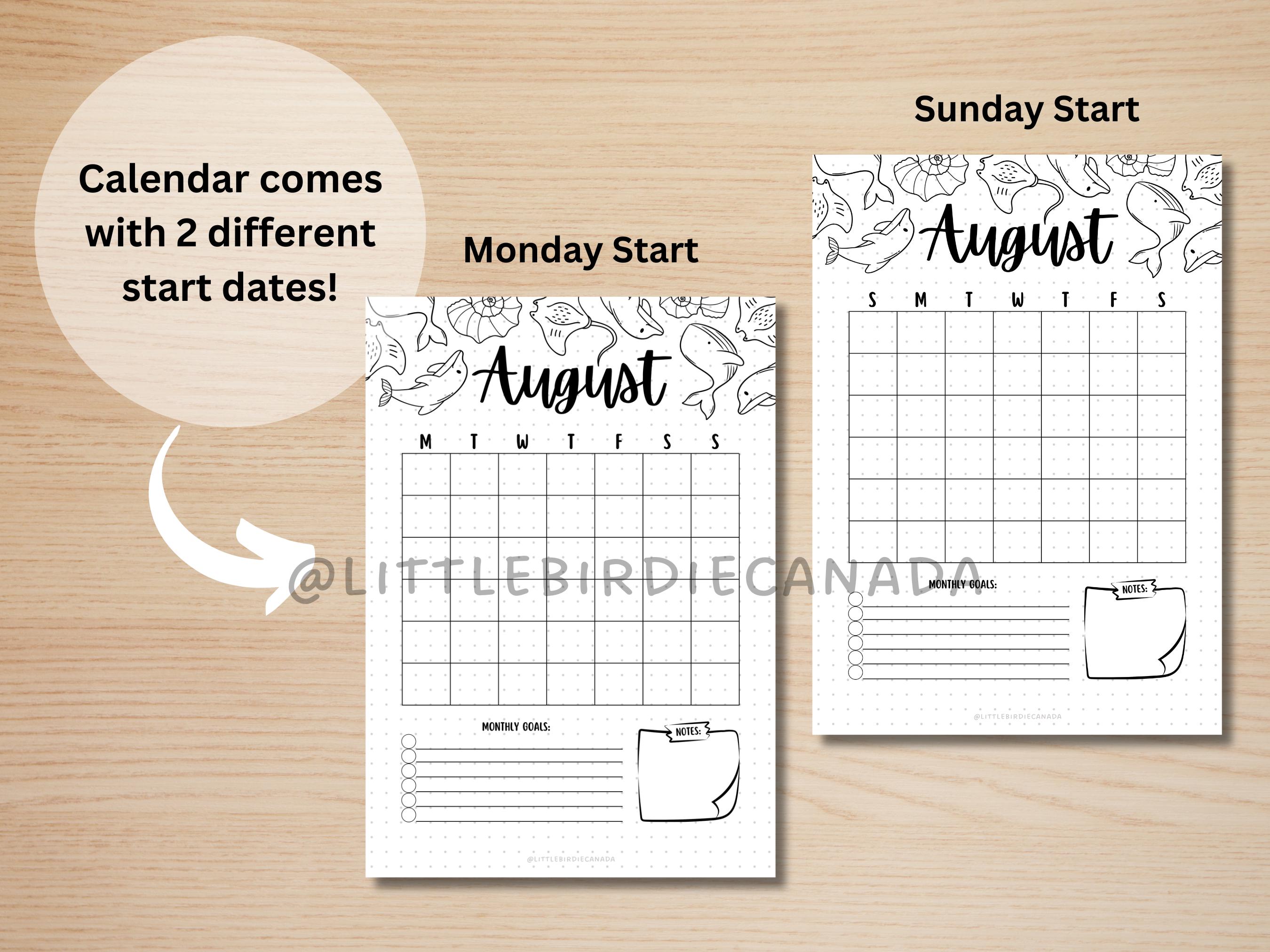 August Title Page and Calendar - PRINTABLE Calendar - Sea Creature ...