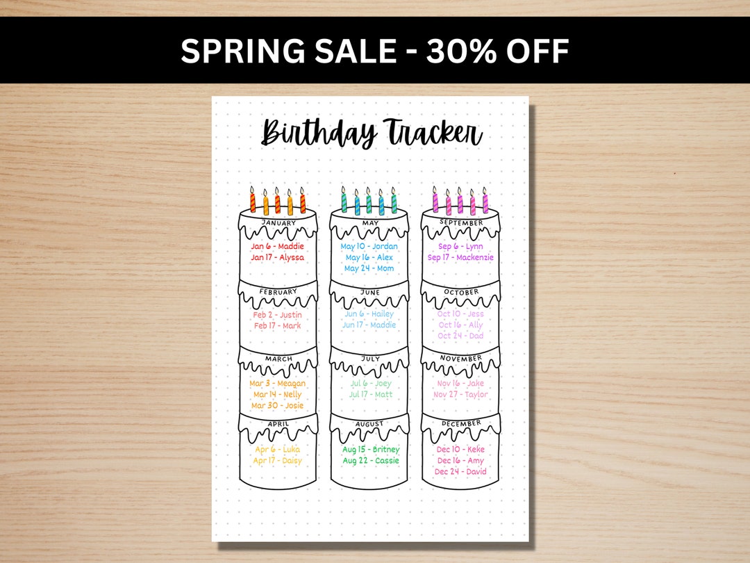 Birthday Tracker A5 Journal Page PRINTABLE Tracker Birthday Calendar ...