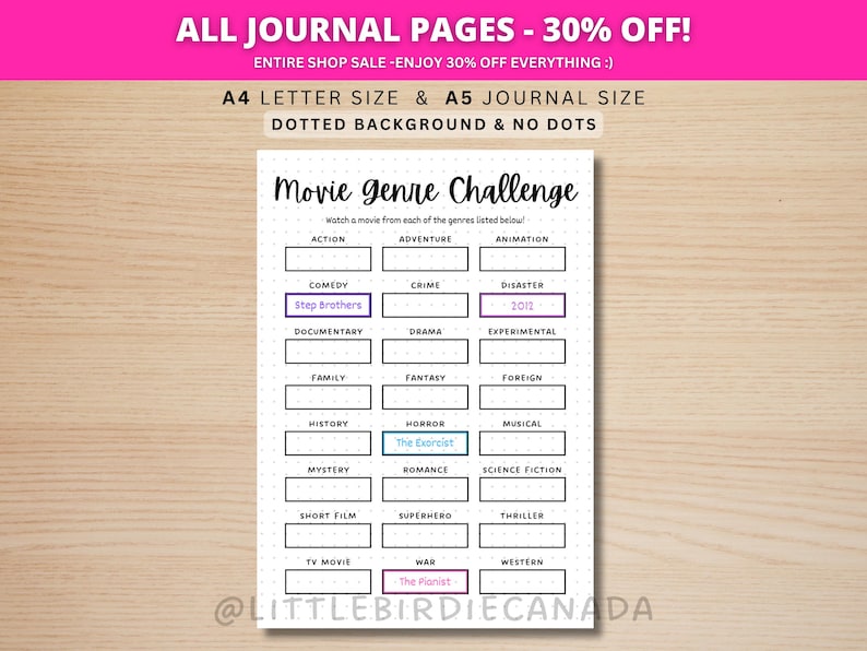Movie Genre Challenge - PRINTABLE Journal Page - Planner Page - Movie ...