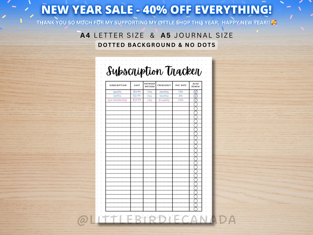 Subscription Tracker - PRINTABLE Journal Page - Planner Page - Expense ...
