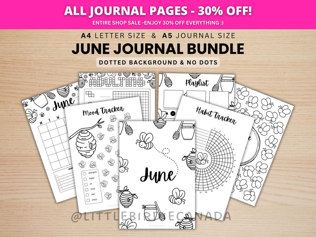 June Journal Bundle - Bee - PRINTABLE Journal Pages - BLACK & WHITE ...