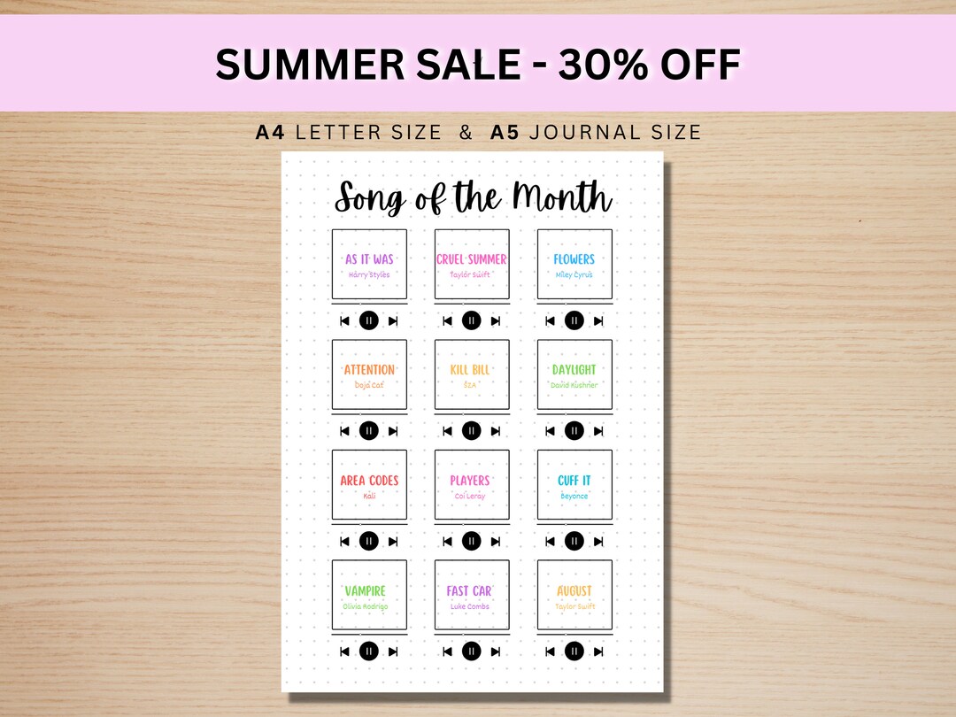 Song of the Month Yearly Playlist PRINTABLE Journal Page Song Tracker ...