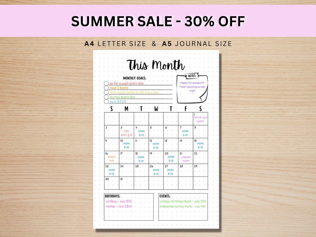 Monthly Planner Monthly Calendar PRINTABLE Journal Page Planner Page ...