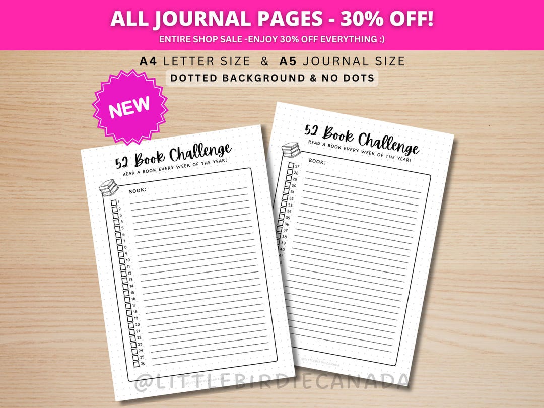 52 Book Reading Challenge - PRINTABLE Journal Page - Reading Tracker ...