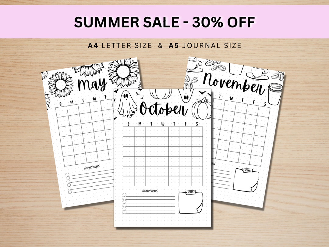 12 Month Calendar Pages Journal Calendar Template Monthly Planner ...