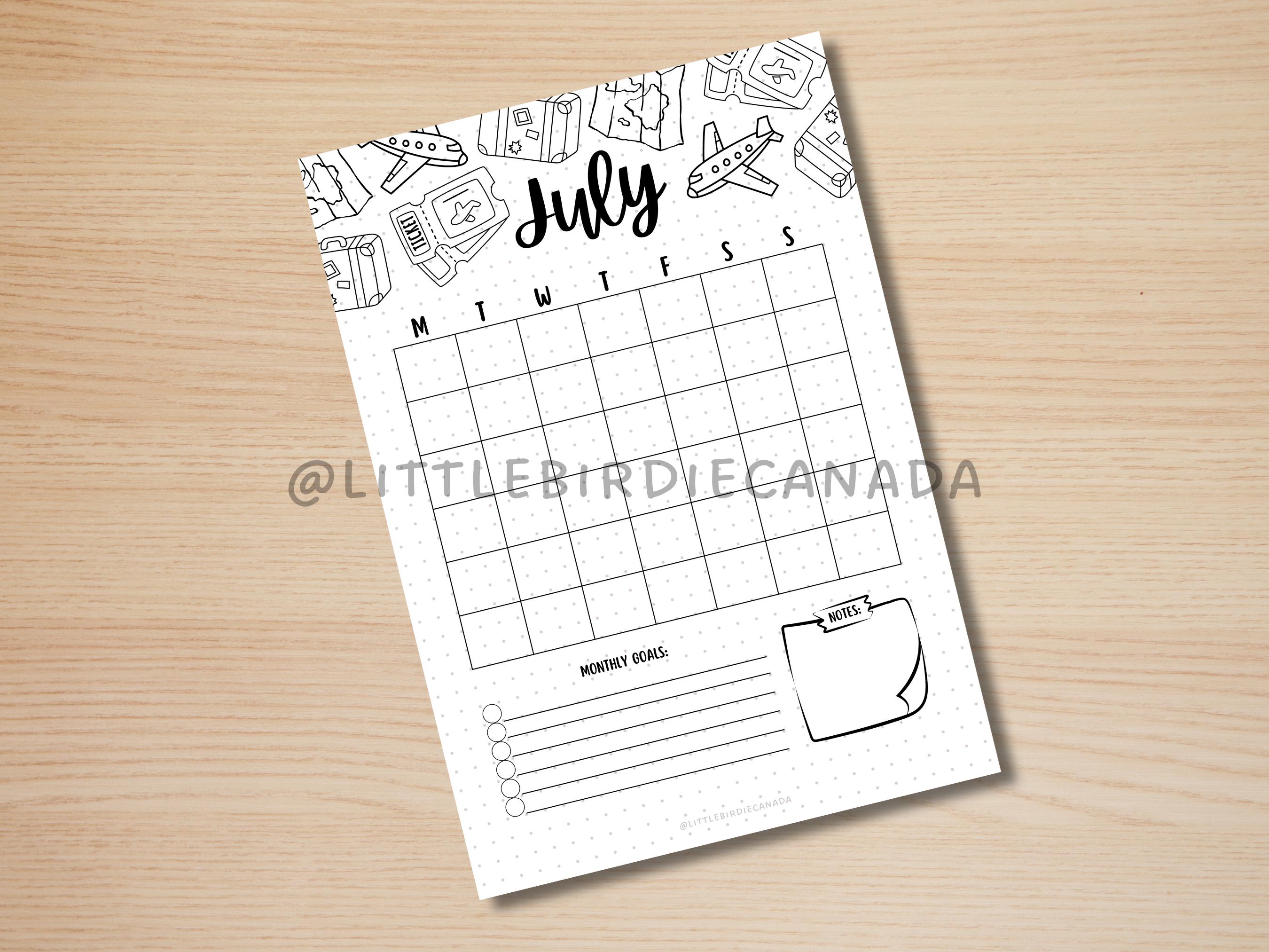 July Title Page and Calendar - PRINTABLE Calendar - Travel Theme ...