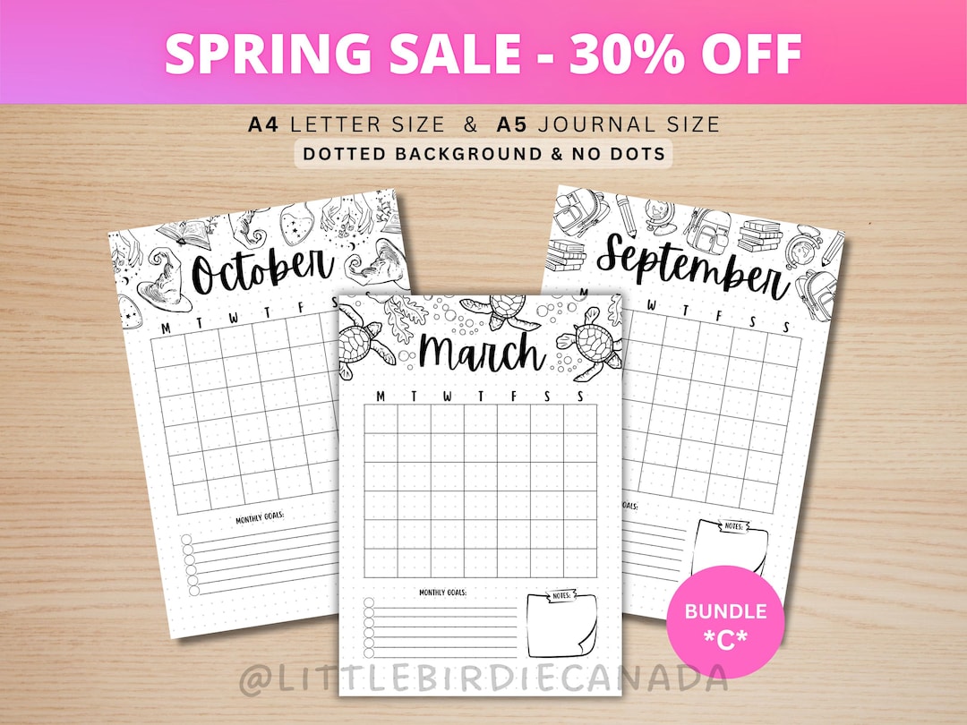 12 Month Calendar - BUNDLE C - Journal Calendar Template - Monthly ...