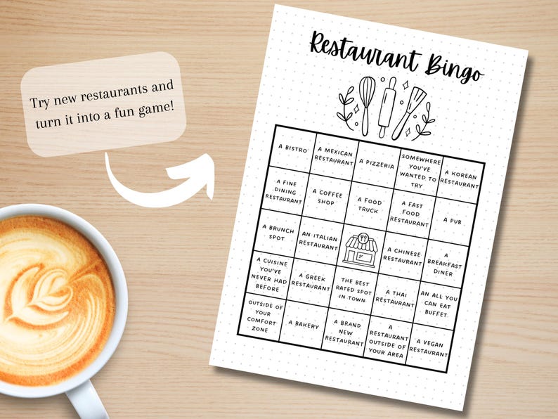 Restaurant Bingo Game - Winter Activities - PRINTABLE Journal Page ...