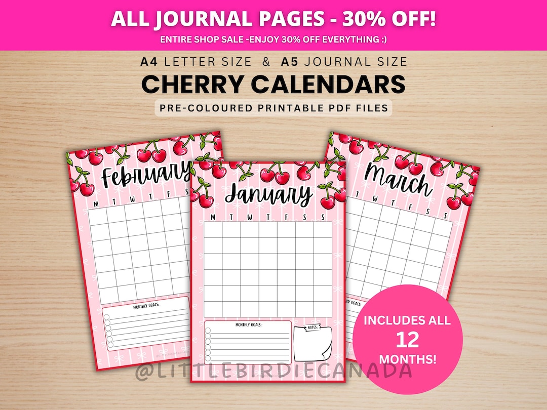 Cherry Calendar Bundle - Journal Calendar Page - PRINTABLE Journal Page ...