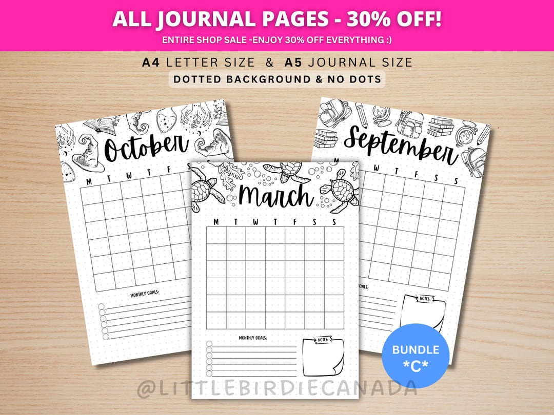 12 Month Calendar - BUNDLE C - Journal Calendar Template - Monthly ...