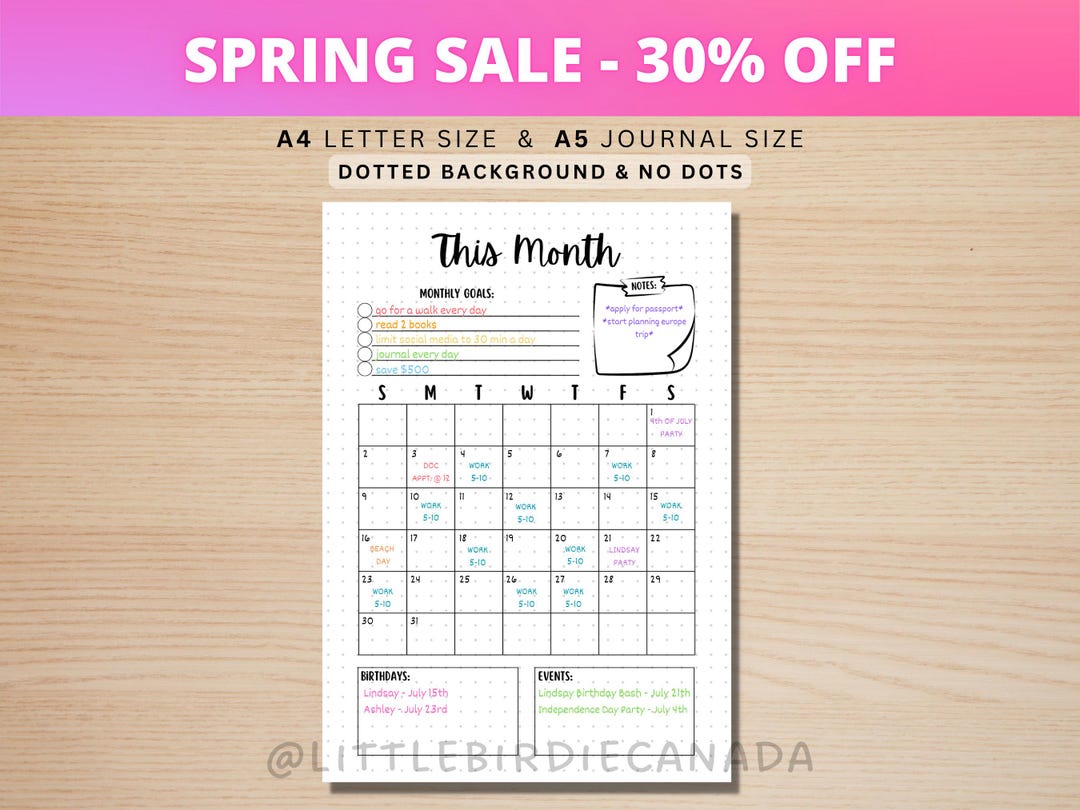 Monthly Planner - Monthly Calendar -PRINTABLE Journal Page - Planner ...