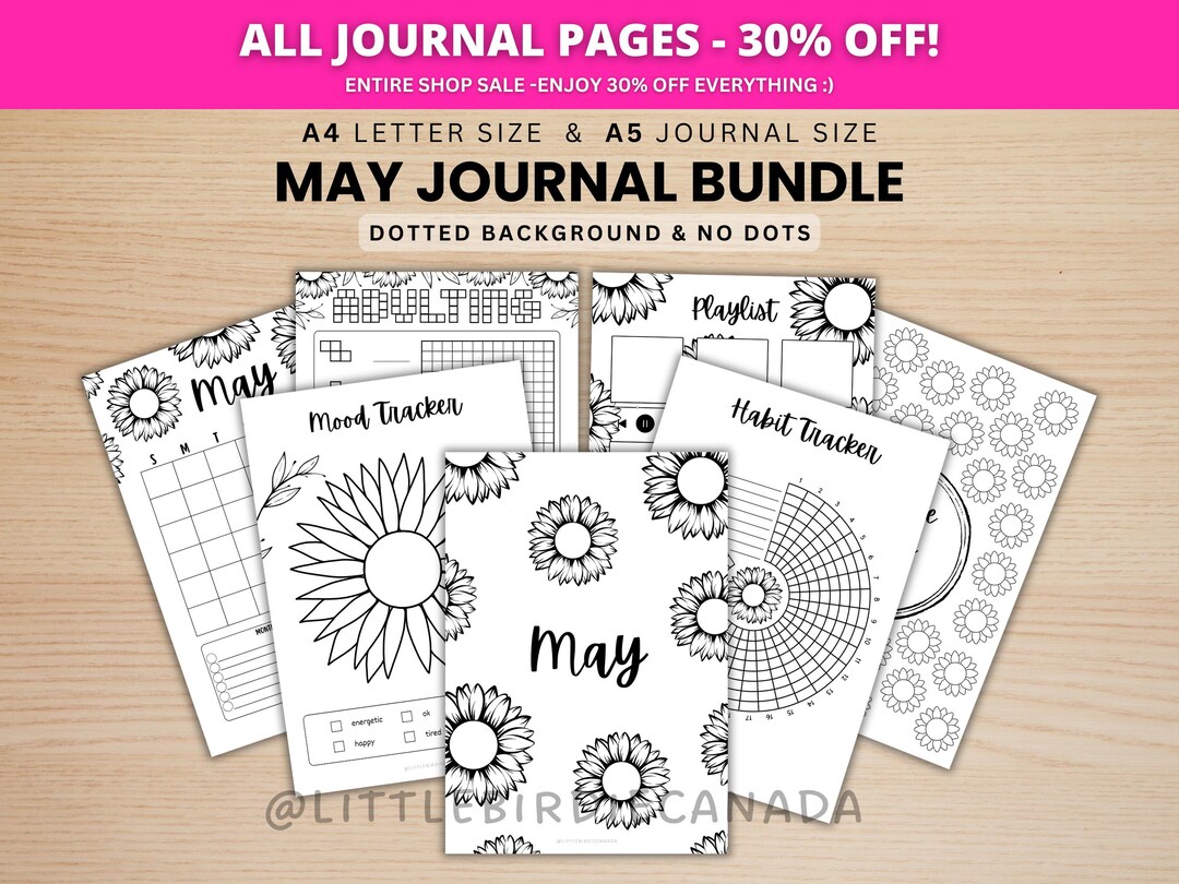 May Journal Bundle - Flowers - PRINTABLE Journal Pages - BLACK & WHITE ...