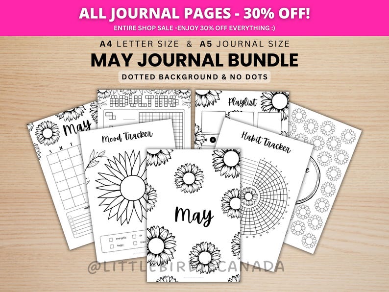 May Journal Bundle - Flowers - PRINTABLE Journal Pages - BLACK & WHITE ...