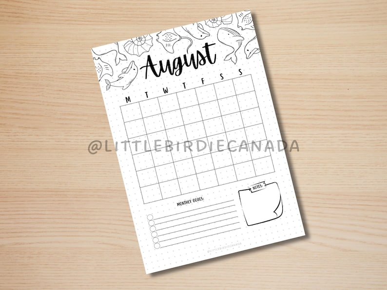 August Title Page and Calendar - PRINTABLE Calendar - Sea Creature ...