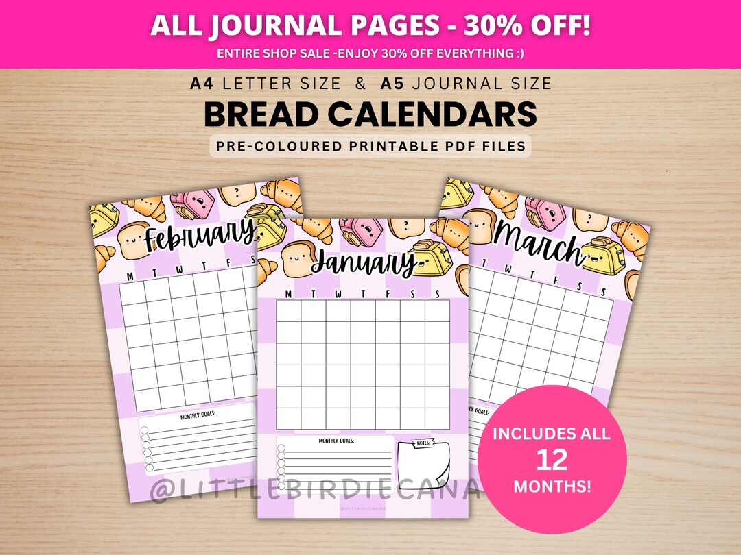 Bread Calendar Bundle - Journal Calendar Page - PRINTABLE Journal Page ...