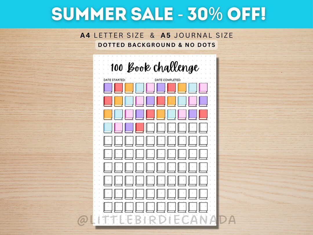 100 Book Reading Challenge - A5 Journal Page - Reading Tracker ...