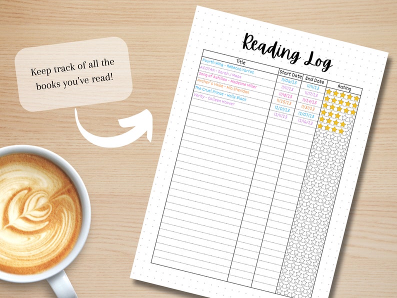 Reading Log Chart - PRINTABLE Journal Page - Planner Page - Book ...