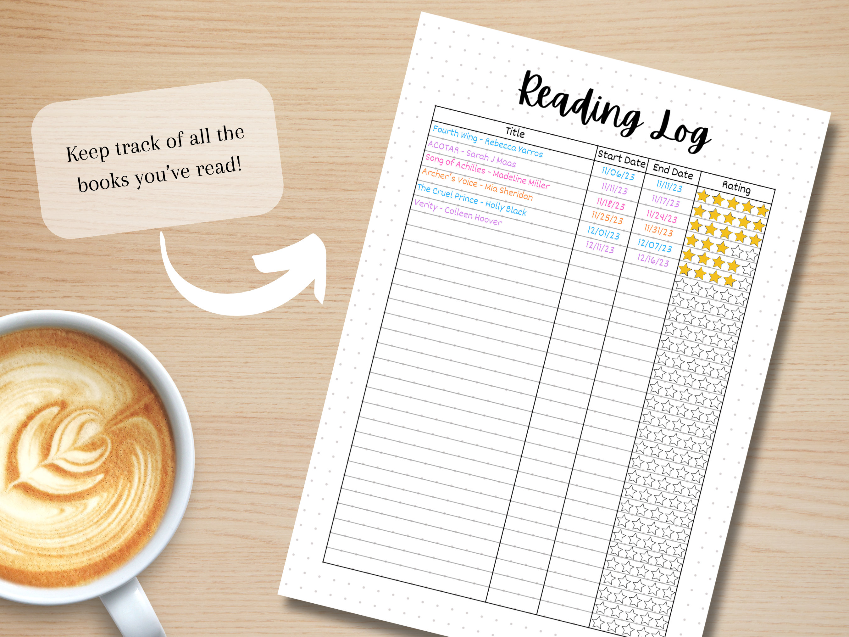Reading Log Chart - PRINTABLE Journal Page - Planner Page - Book ...