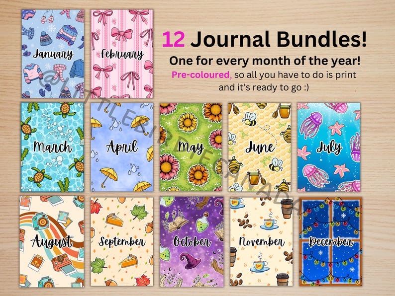 12 Months of Journal Bundles - Pre-coloured - PRINTABLE Journal Pages ...