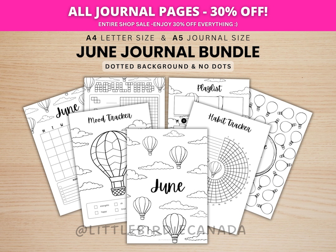 June Journal Bundle - Hot Air Balloon - PRINTABLE Journal Pages - BLACK ...