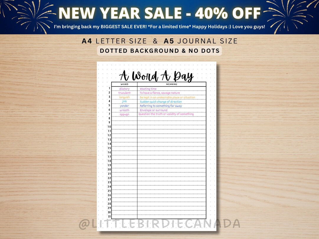 A Word A Day PRINTABLE Journal Page New Word A Day Daily Word Word of ...