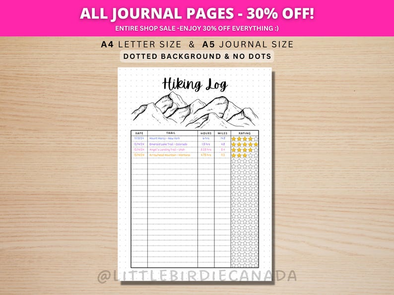 Hiking Log - PRINTABLE Journal Page - Hiking Tracker - Hike Tracker ...