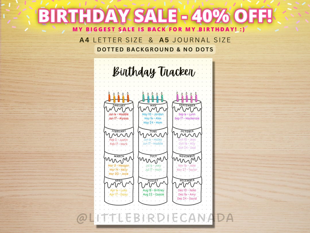 Birthday Tracker - PRINTABLE Journal Page - Birthday Calendar ...