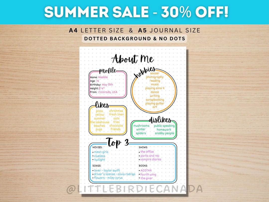 About Me Journal Page - PRINTABLE Journal Page - Info Page - Profile ...