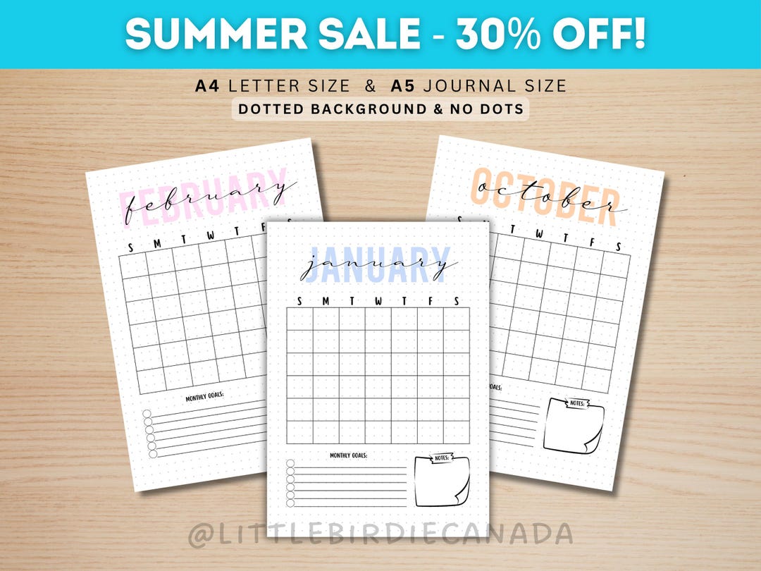 12 Month Calendar Pages - A5 Journal Monthly Calendar Template ...